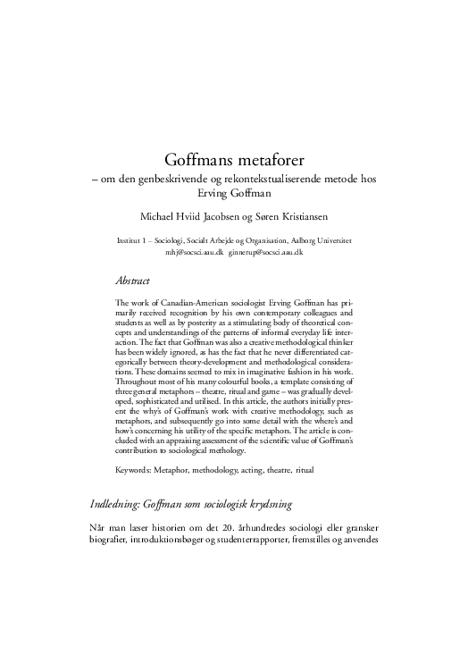 (PDF) Goffmans metaforer: om den genbeskrivende og rekontekstualiserende metode hos Erving Goffman