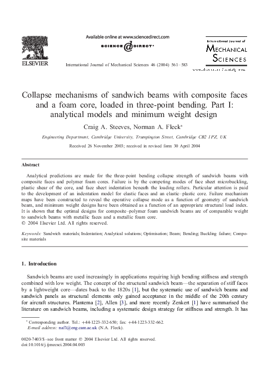 (PDF) Collapse mechanisms of sandwich beams with composite faces and a foam core, loaded in ...