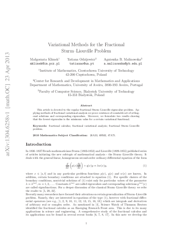 (PDF) Variational methods for the fractional Sturm–Liouville problem