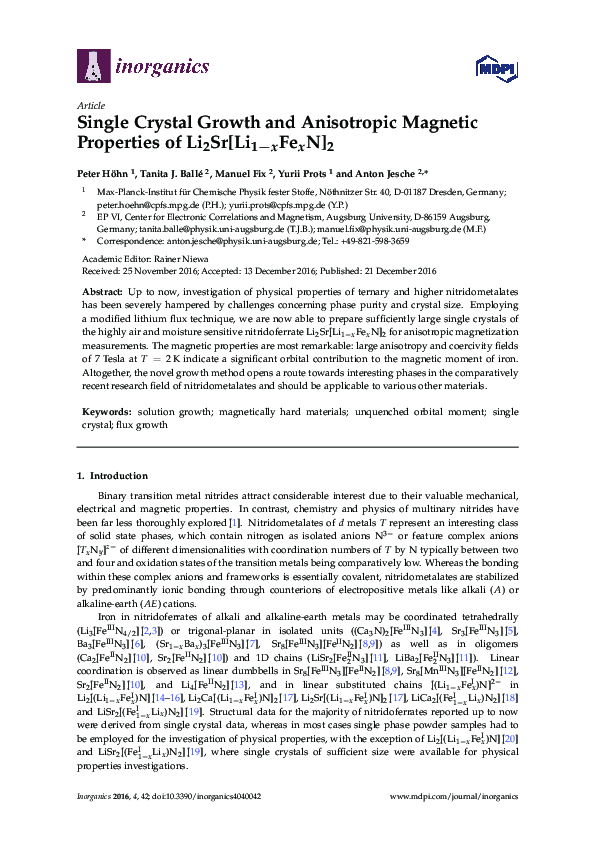 (PDF) Single Crystal Growth and Anisotropic Magnetic Properties of Li2Sr[Li1 − xFexN]2