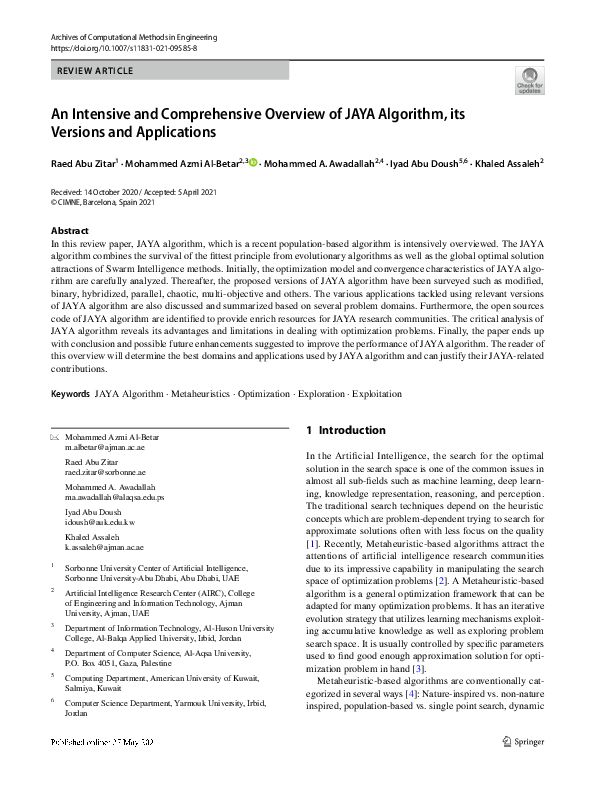 (PDF) An Intensive and Comprehensive Overview of JAYA Algorithm, its ...