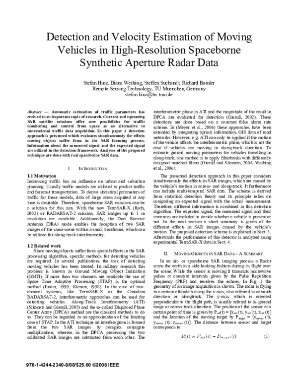 Pdf Detection And Velocity Estimation Of Moving Vehicles In High Resolution Spaceborne