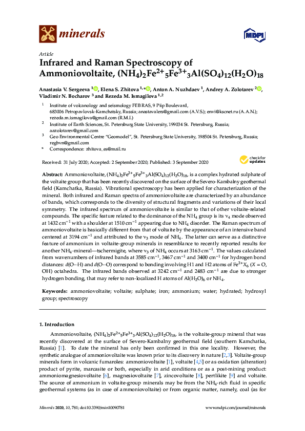 Infrared and Raman Spectroscopy of Ammoniovoltaite, (NH4)2Fe2+5Fe3+3Al ...
