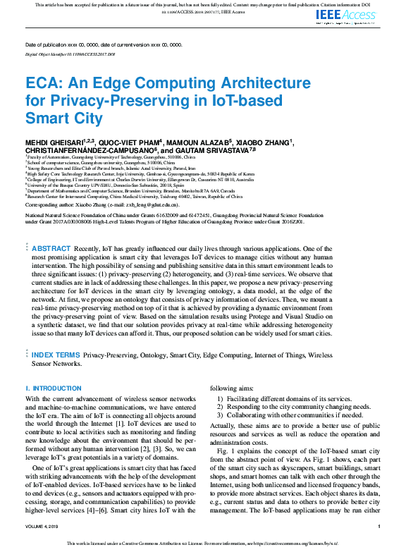 Pdf Eca An Edge Computing Architecture For Privacy Preserving In Iot Based Smart City