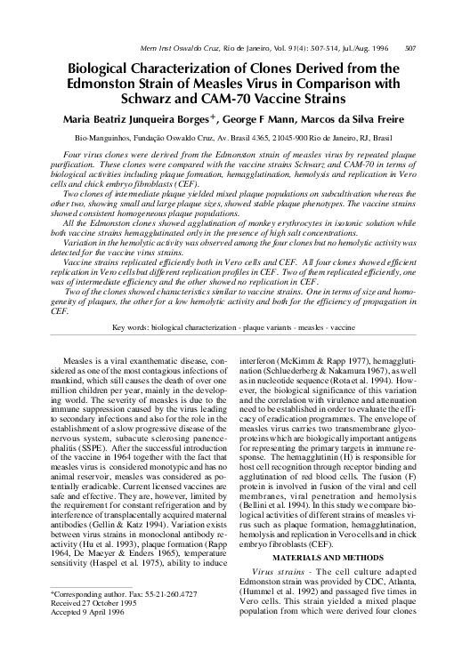 (PDF) Biological characterization of clones derived from the edmonston ...