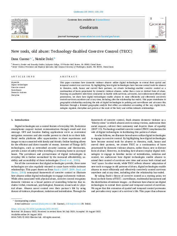 (PDF) New tools, old abuse: Technology-Enabled Coercive Control (TECC)