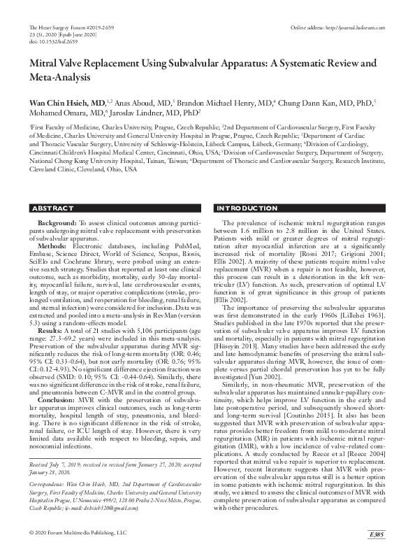 (PDF) Mitral Valve Replacement Using Subvalvular Apparatus: A ...