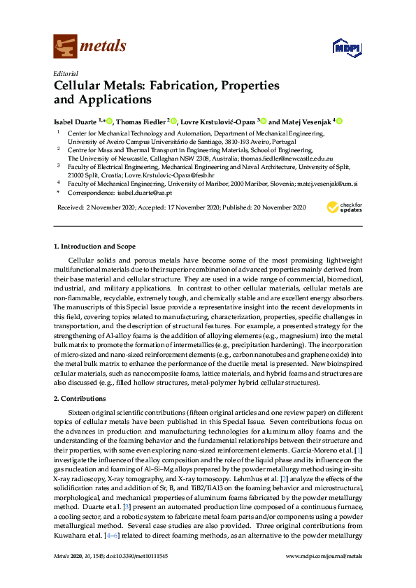 (PDF) Cellular Metals: Fabrication, Properties and Applications