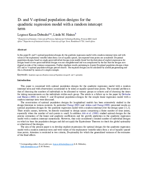 (PDF) D- and V-optimal population designs for the quadratic regression model with a random ...