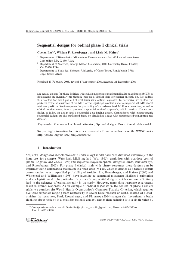 (PDF) Sequential designs for ordinal phase I clinical trials