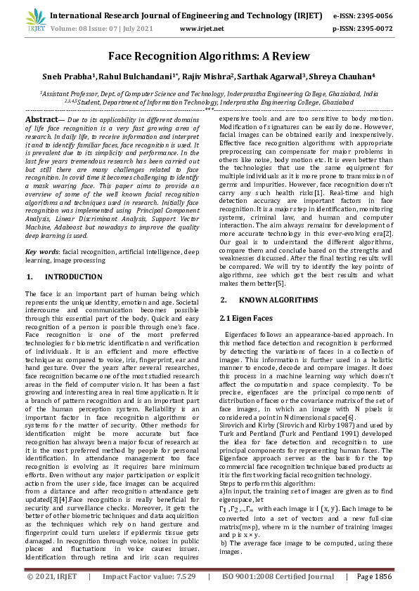 Pdf Face Recognition Algorithms A Review