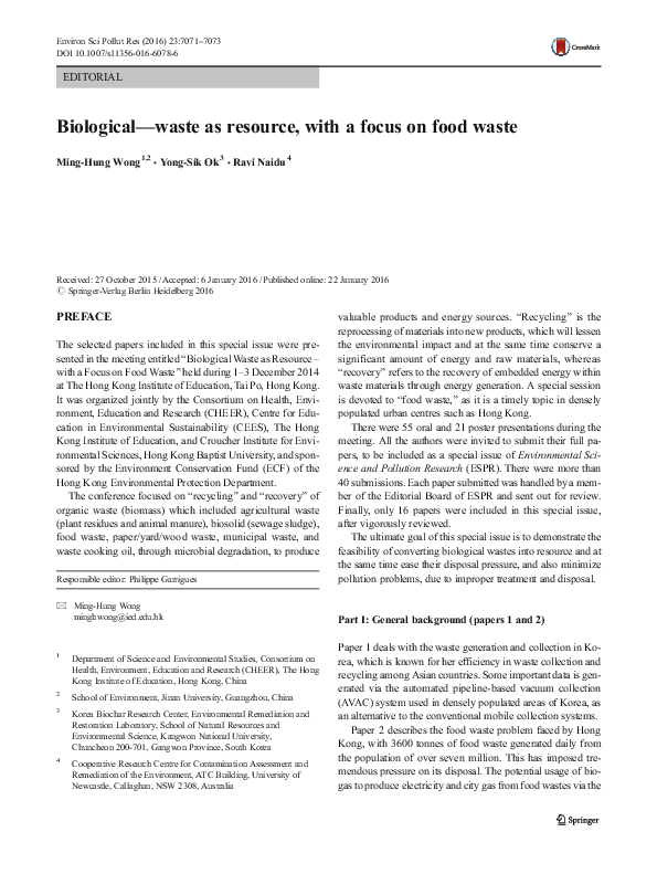 (PDF) Biological-waste as resource, with a focus on food waste
