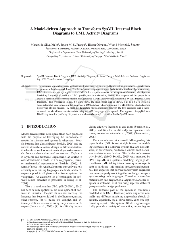 (PDF) A Model-driven Approach to Transform SysML Internal Block Diagrams to UML Activity Diagrams