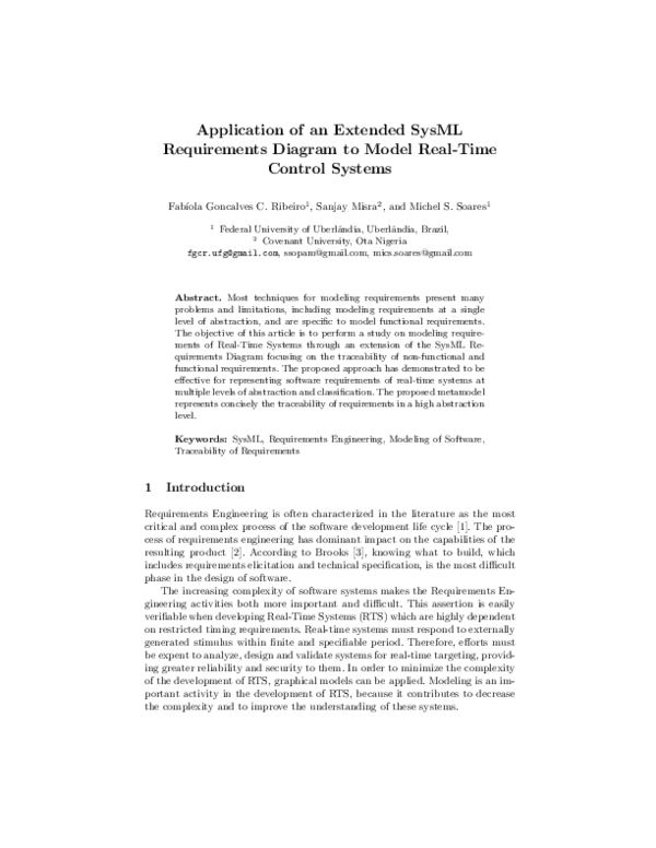 Pdf Application Of An Extended Sysml Requirements Diagram To Model Real Time Control Systems