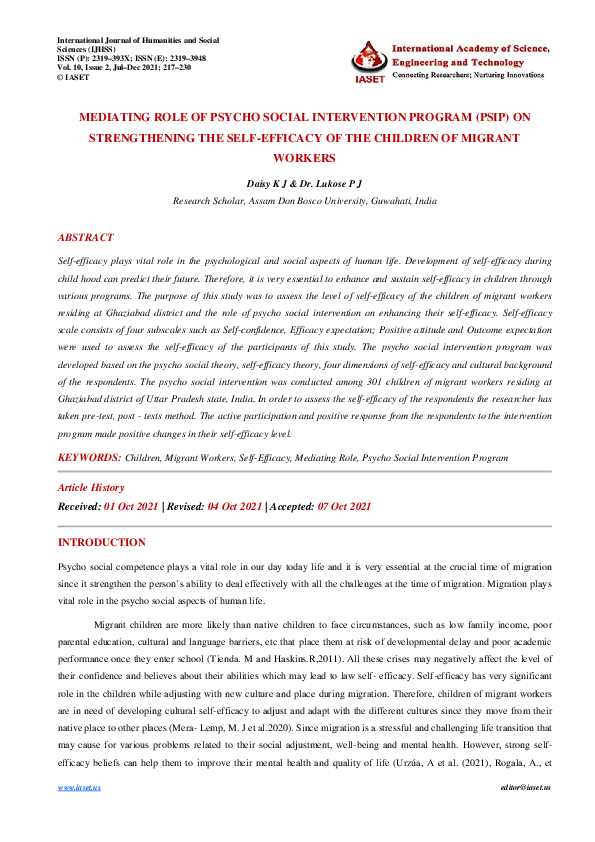 (PDF) MEDIATING ROLE OF PSYCHO SOCIAL INTERVENTION PROGRAM (PSIP) ON ...