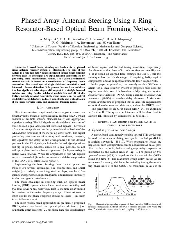 (PDF) Phased Array Antenna Steering Using a Ring Resonator-Based Optical Beam Forming Network
