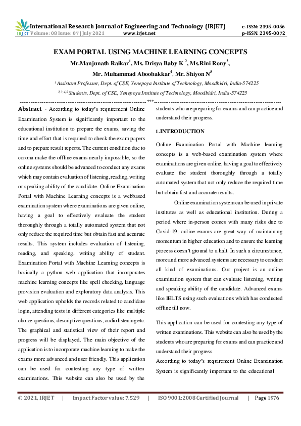 (PDF) IRJET- EXAM PORTAL USING MACHINE LEARNING CONCEPTS