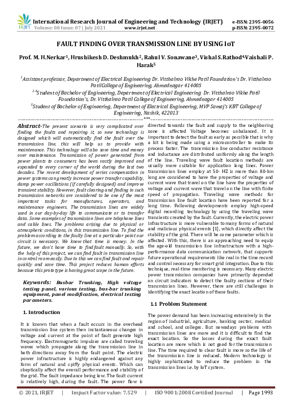 Pdf Irjet Fault Finding Over Transmission Line By Using Iot