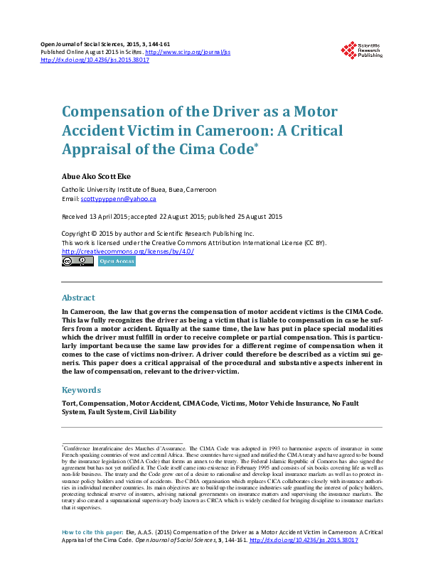 (PDF) Compensation of the Driver as a Motor Accident Victim in Cameroon ...