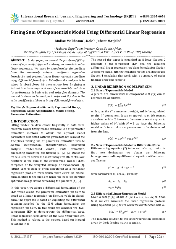 (PDF) IRJET- Fitting Sum Of Exponentials Model Using Differential Linear Regression