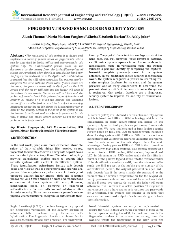 Pdf Irjet Fingerprint Based Bank Locker Security System