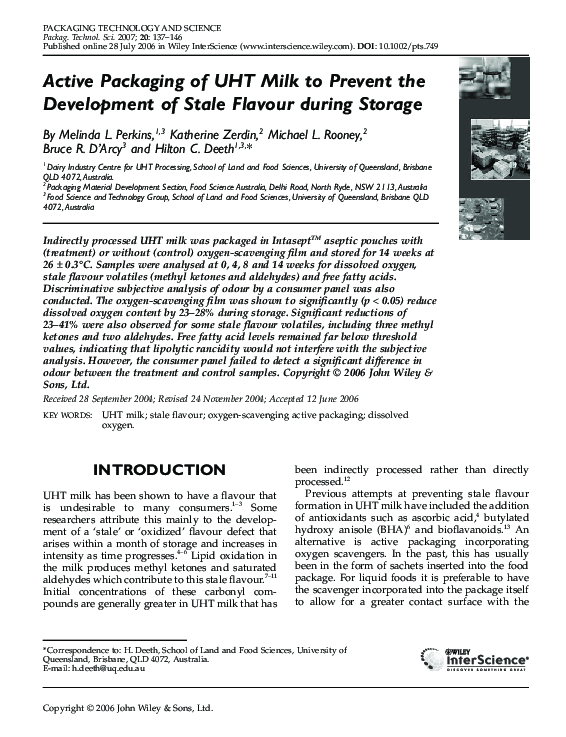 (PDF) Active packaging of UHT milk to prevent the development of stale ...