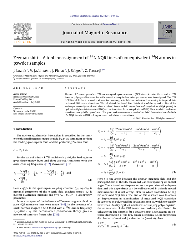 (PDF) Zeeman shift – A tool for assignment of 14N NQR lines of ...