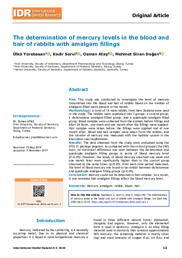 (PDF) The determination of mercury levels in the blood and hair of ...