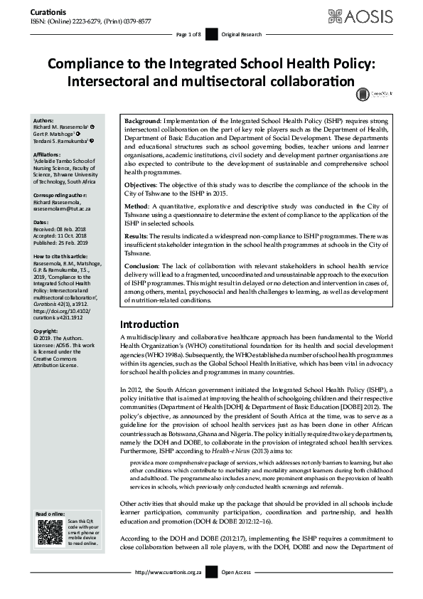(PDF) Compliance to the Integrated School Health Policy: Intersectoral ...