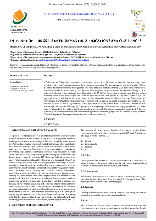 (PDF) Internet of Things Its Environmental Applications and Challenges
