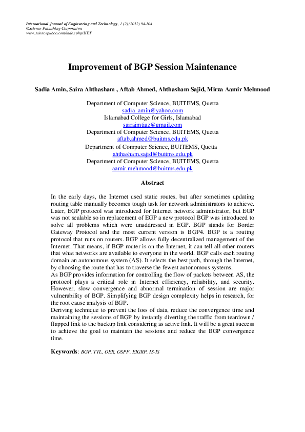 (PDF) Improvement of BGP Session Maintenance