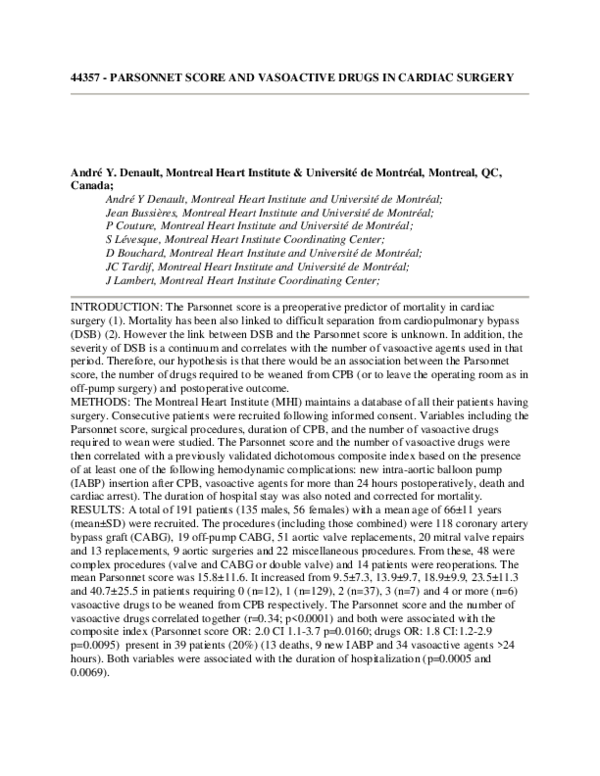 (PDF) Parsonnet score and vasoactive drugs in cardiac surgery