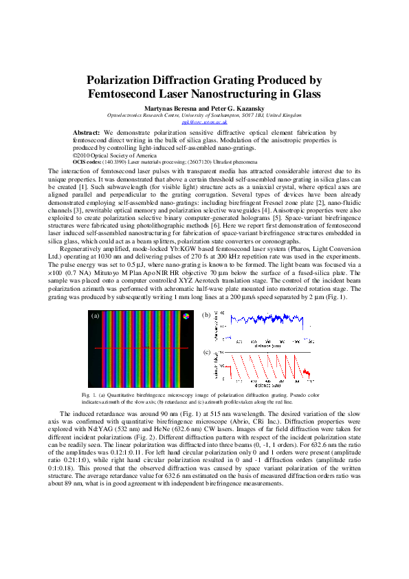 (PDF) Polarization diffraction grating produced by femtosecond laser nanostructuring in glass