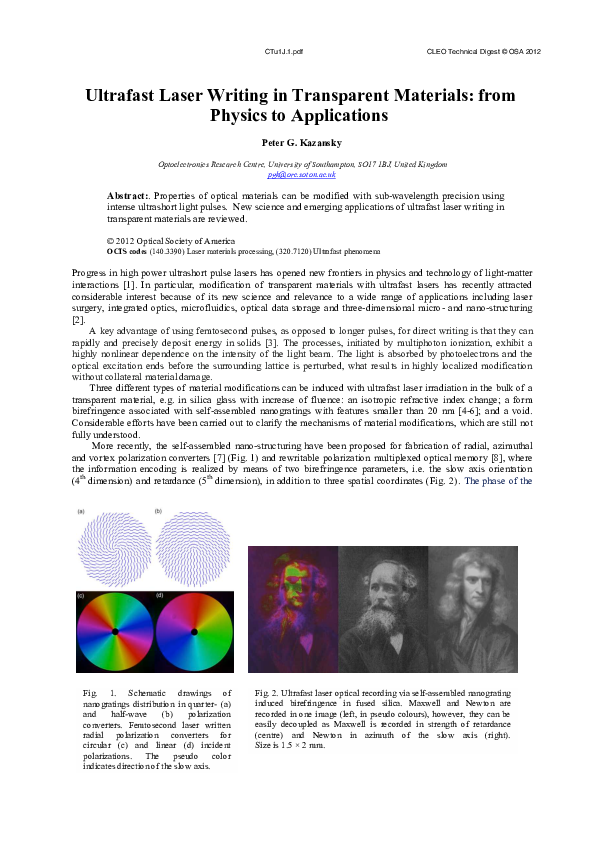 (PDF) Ultrafast Laser Writing in Transparent Materials: From Physics to Applications