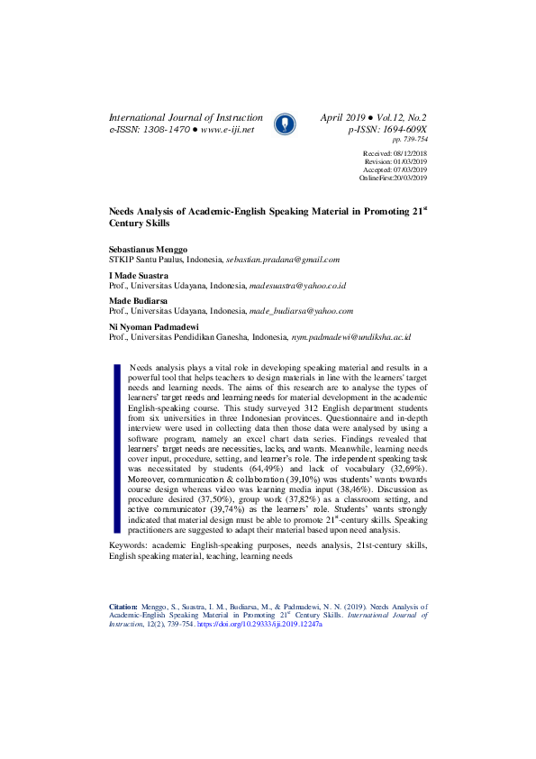 (PDF) Needs Analysis of Academic-English Speaking Material in Promoting ...
