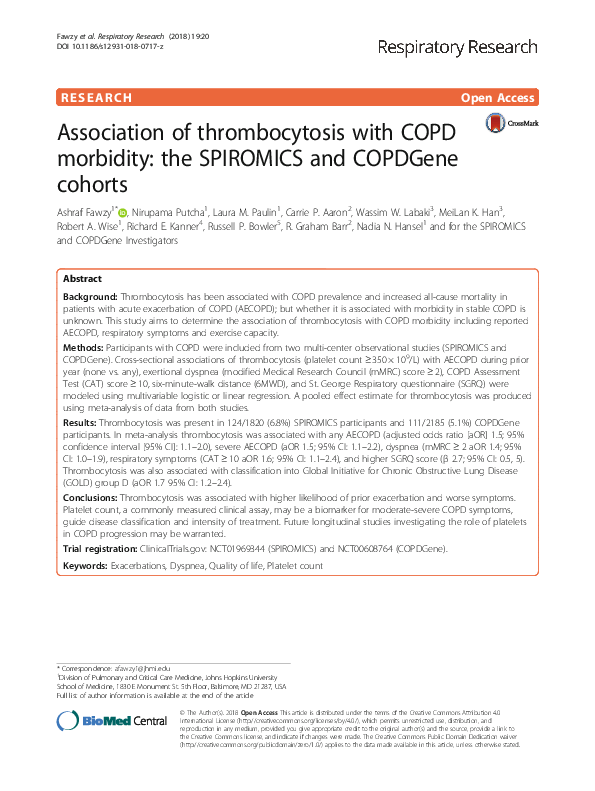 (PDF) Association of thrombocytosis with COPD morbidity: the SPIROMICS and COPDGene cohorts
