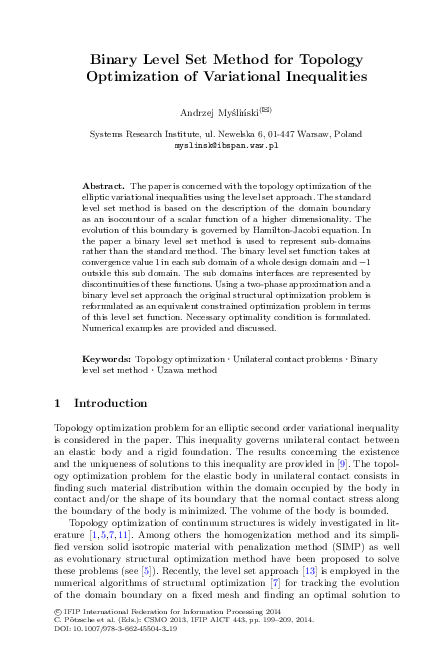(PDF) Binary Level Set Method for Topology Optimization of Variational Inequalities | Andrzej ...