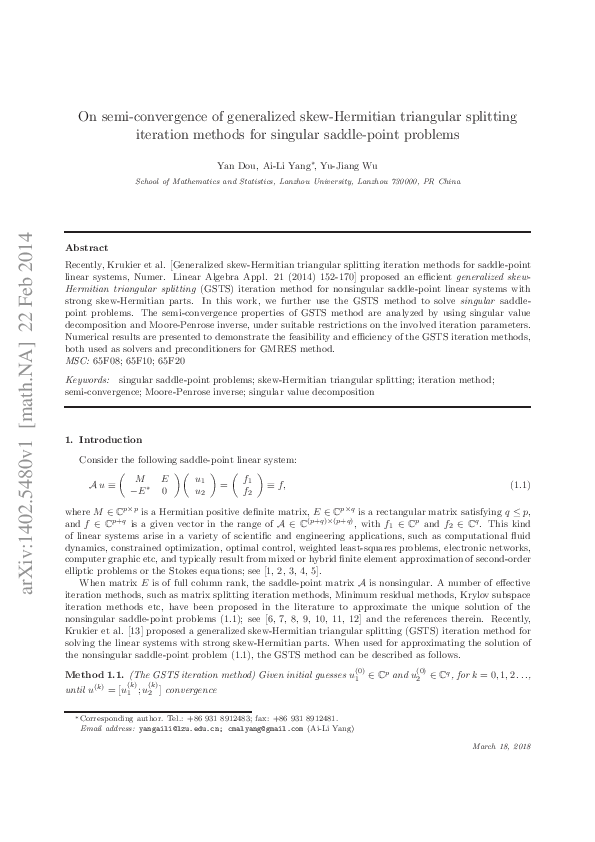 (PDF) On semi-convergence of generalized skew-Hermitian triangular splitting iteration methods ...