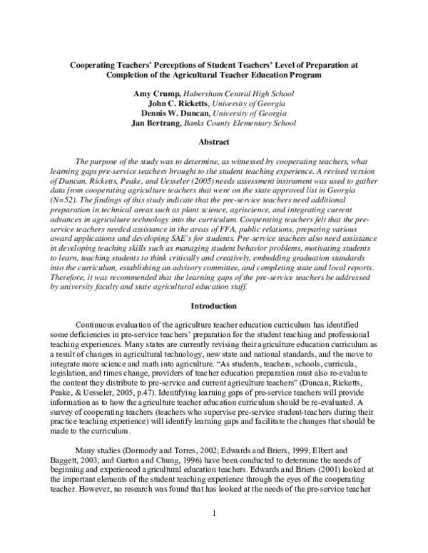 (PDF) Cooperating Teachers' Perceptions of Student Teachers' Level of ...