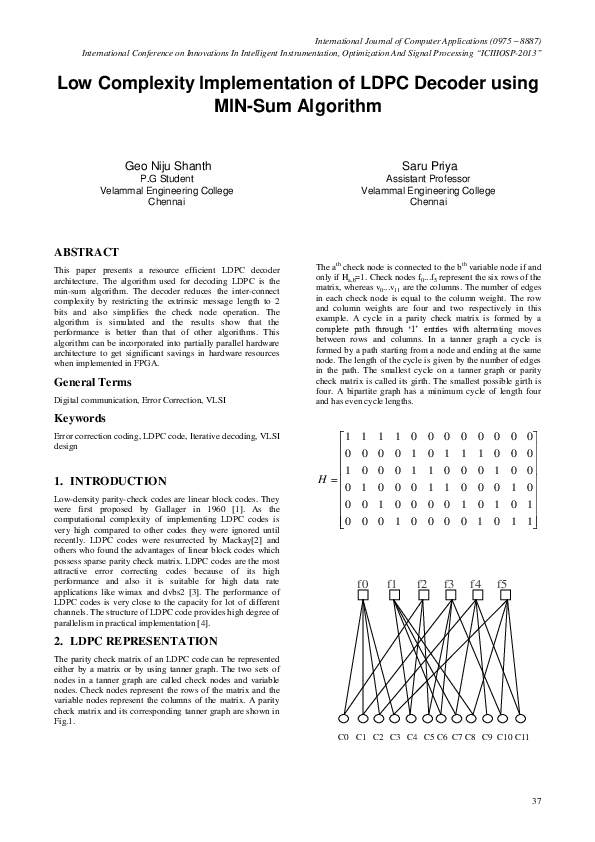 (PDF) Low Complexity Implementation Of LDPC Decoder using MIN-Sum Algorithm