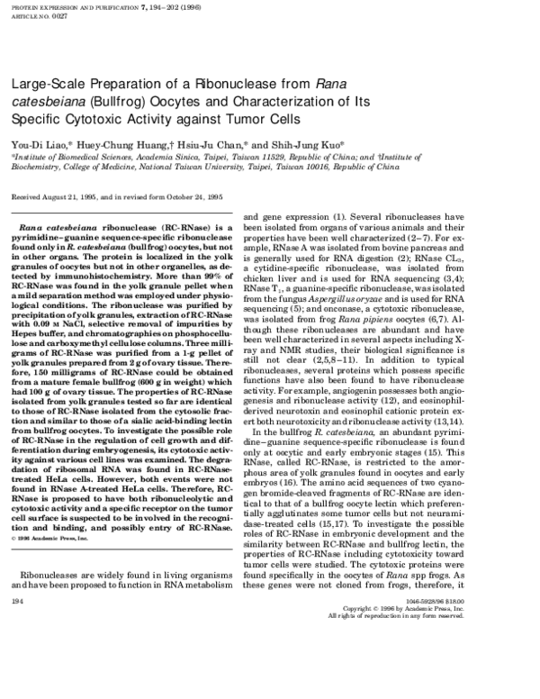 (PDF) Large-Scale Preparation of a Ribonuclease fromRana catesbeiana ...