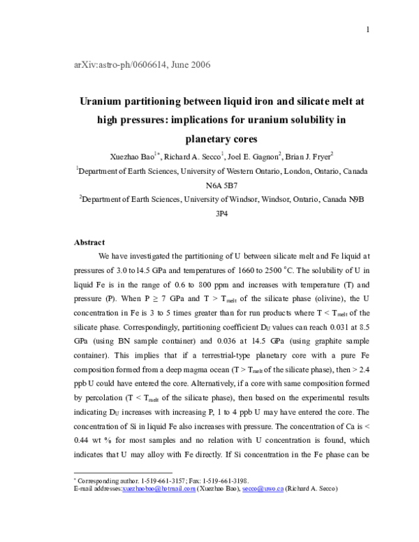 (PDF) Uranium partitioning between liquid iron and silicate melt at ...