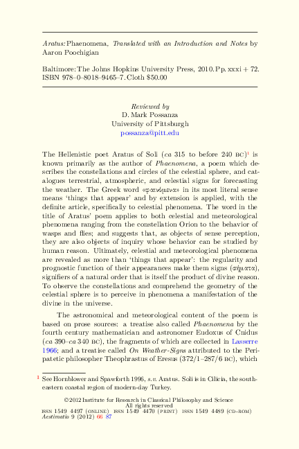 (PDF) Aratus: Phaenomena, Translated with an Introduction and Notes
