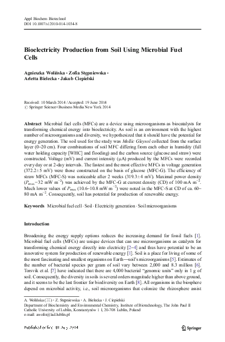 (PDF) Bioelectricity Production from Soil Using Microbial Fuel Cells