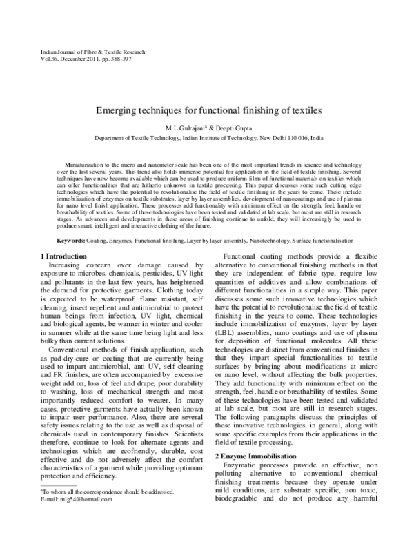 (PDF) Emerging techniques for functional finishing of textiles