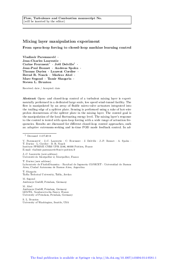 (PDF) Mixing layer manipulation experiment: From open-loop forcing to closed-loop machine ...