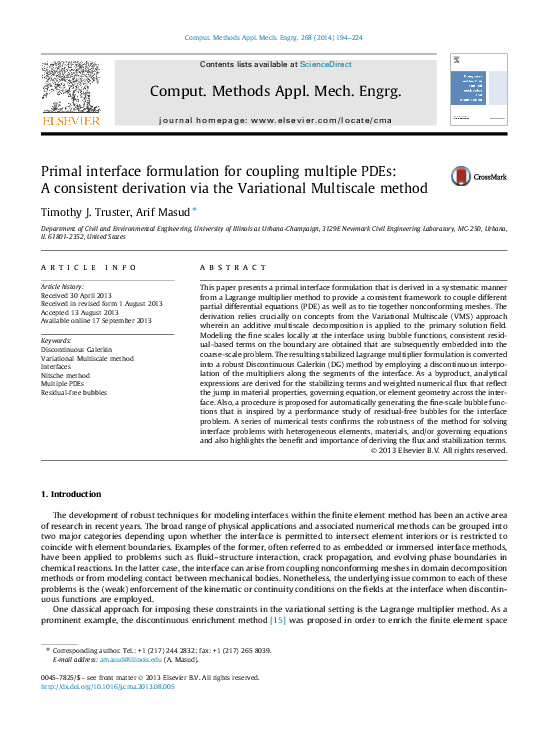 (PDF) Primal interface formulation for coupling multiple PDEs: A consistent derivation via the ...