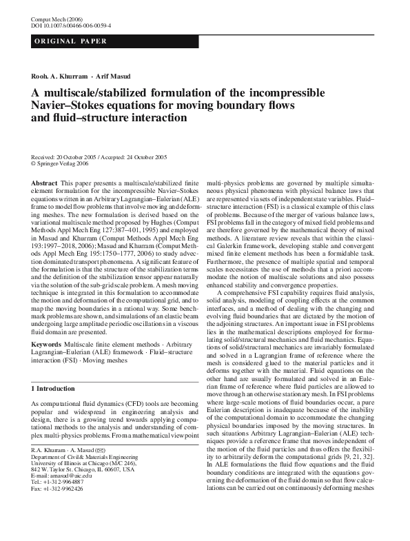 (PDF) A Multiscale/stabilized Formulation of the Incompressible Navier–Stokes Equations for ...