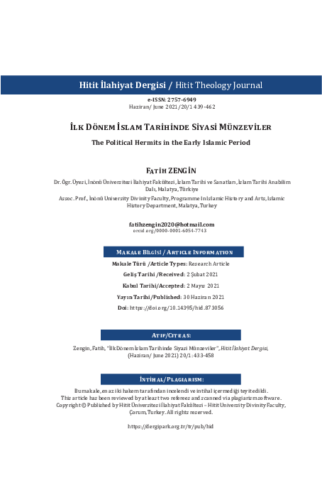 (PDF) İlk Dönem İslam Tarihinde Siyasî Münzeviler / The Political ...