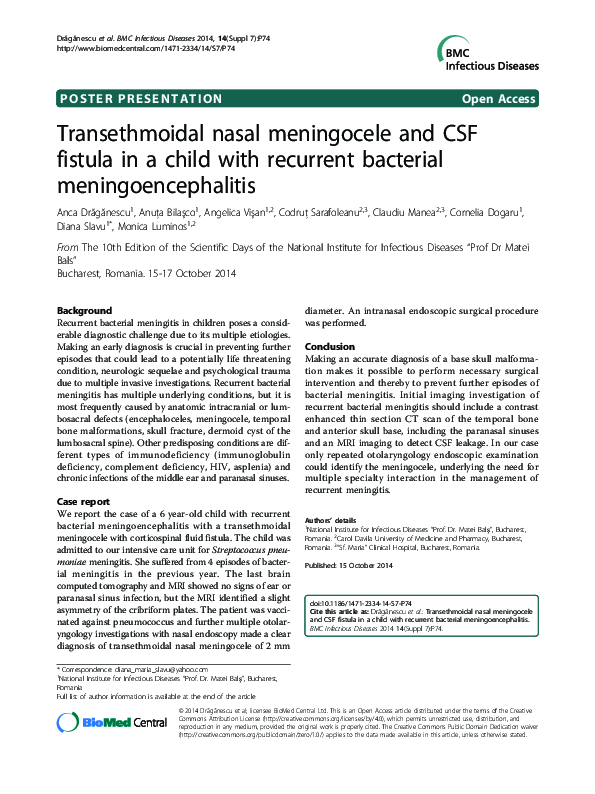 (PDF) Transethmoidal nasal meningocele and CSF fistula in a child with ...